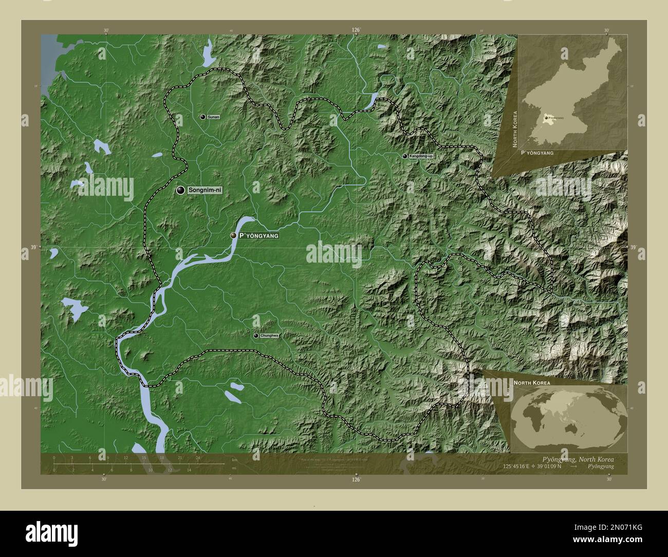 P'yongyang, special city of North Korea. Elevation map colored in wiki ...