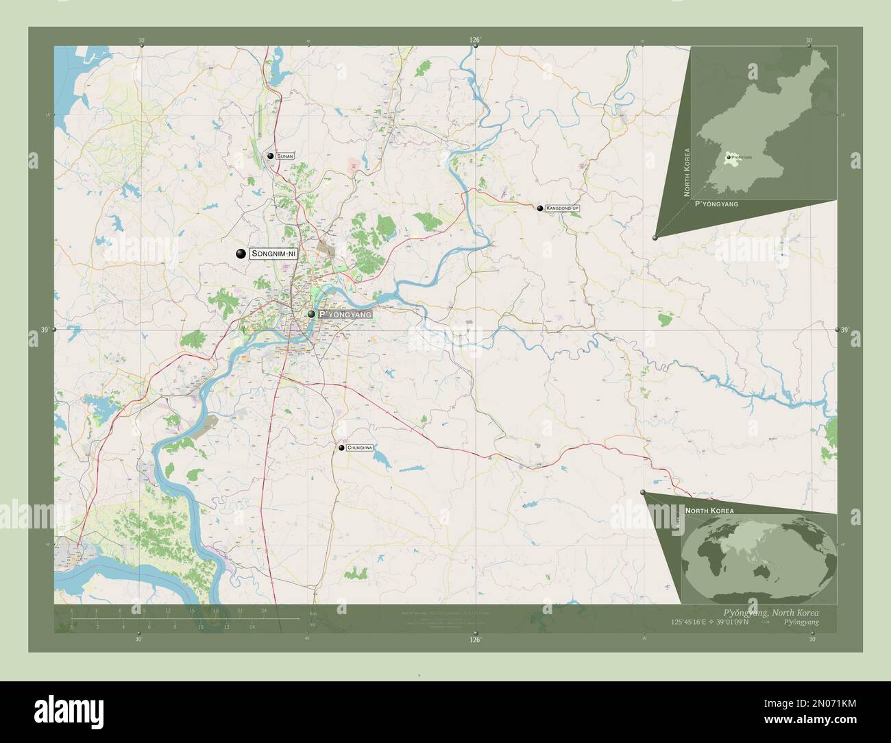 P'yongyang, special city of North Korea. Open Street Map. Locations and ...