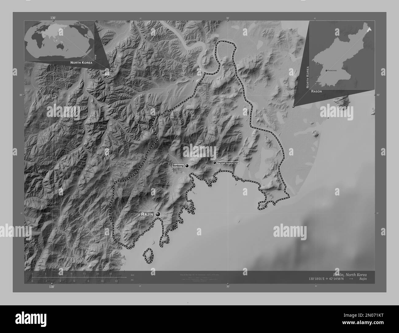 Rason, directly governed city of North Korea. Grayscale elevation map ...