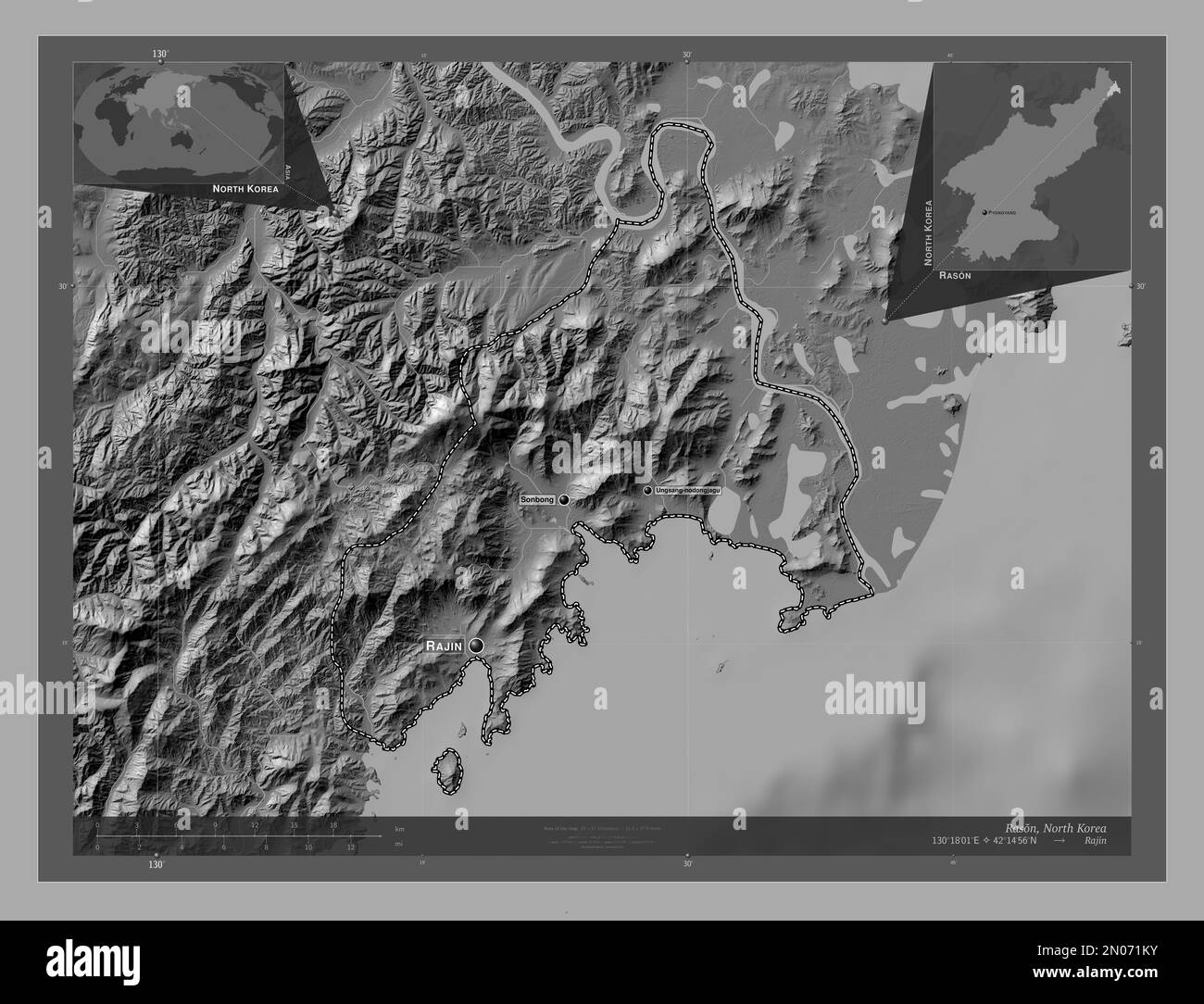 Rason, directly governed city of North Korea. Bilevel elevation map ...