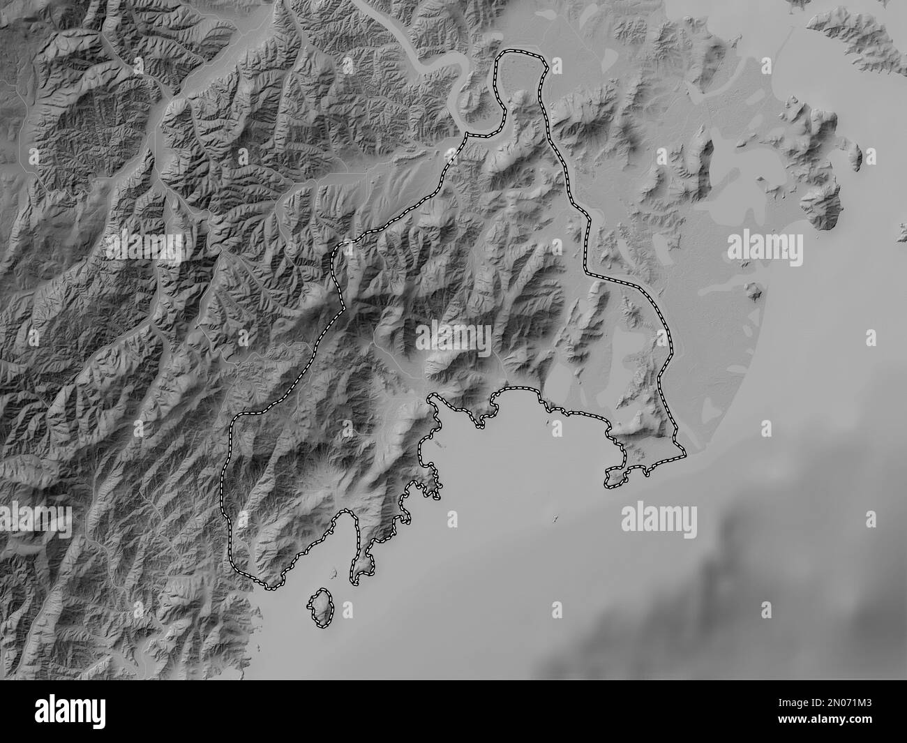 Rason, directly governed city of North Korea. Grayscale elevation map ...