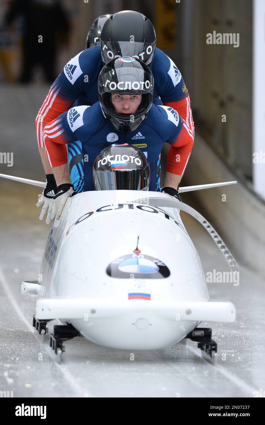 Russia's driver Alexander Kasjanov, front, and his pushers Maxim Belugin, Maxim Mokrousov and ...