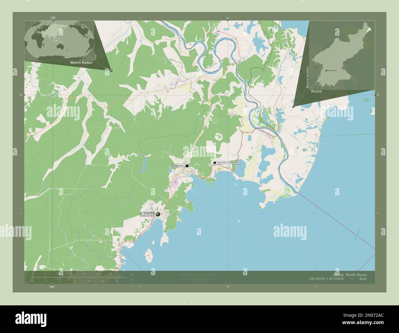 Rason, directly governed city of North Korea. Open Street Map ...