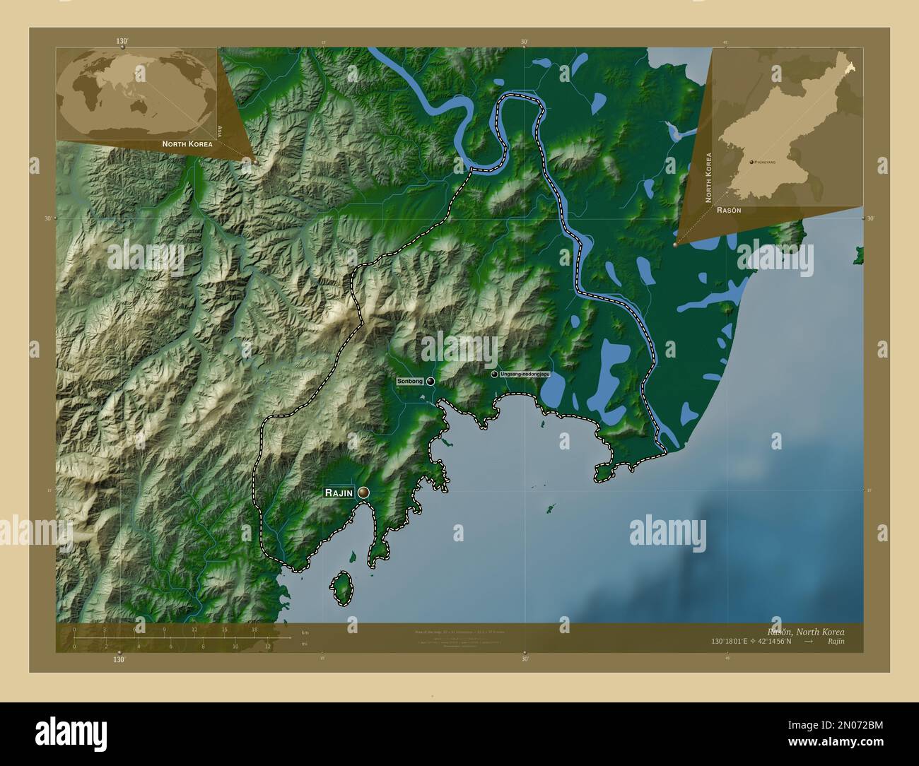 Rason, directly governed city of North Korea. Colored elevation map ...