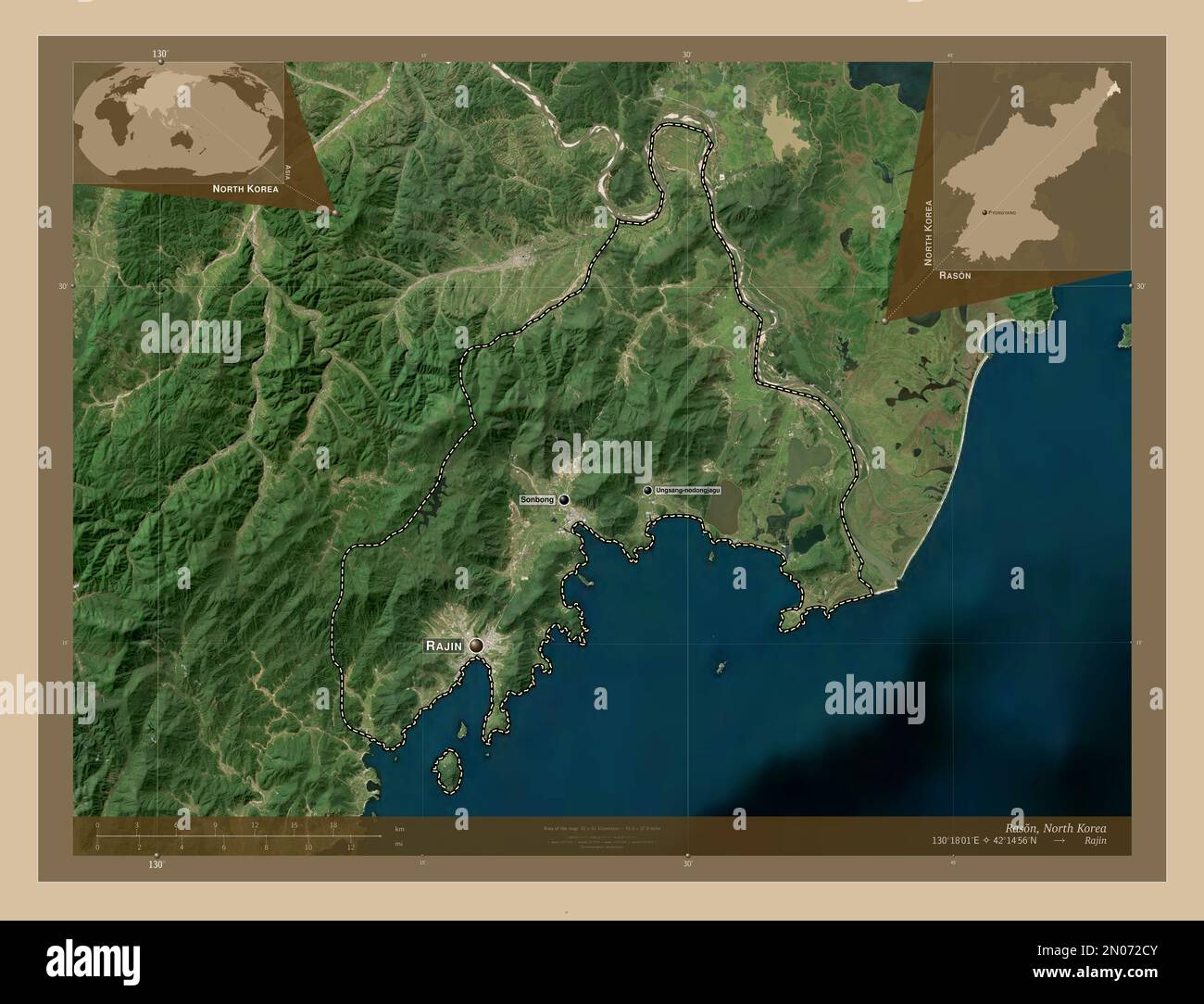 Rason, directly governed city of North Korea. Low resolution satellite ...