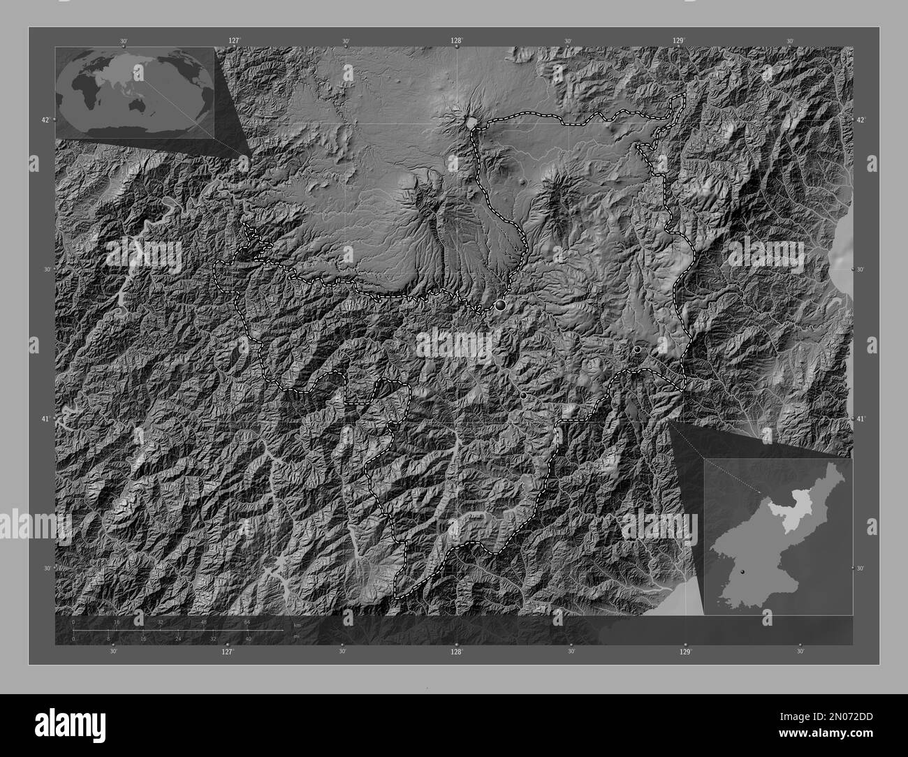 Ryanggang, province of North Korea. Bilevel elevation map with lakes ...