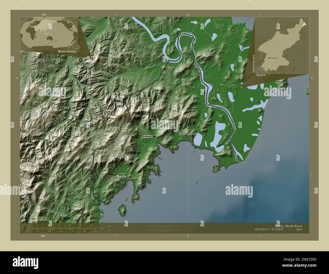 Rason, directly governed city of North Korea. Elevation map colored in ...