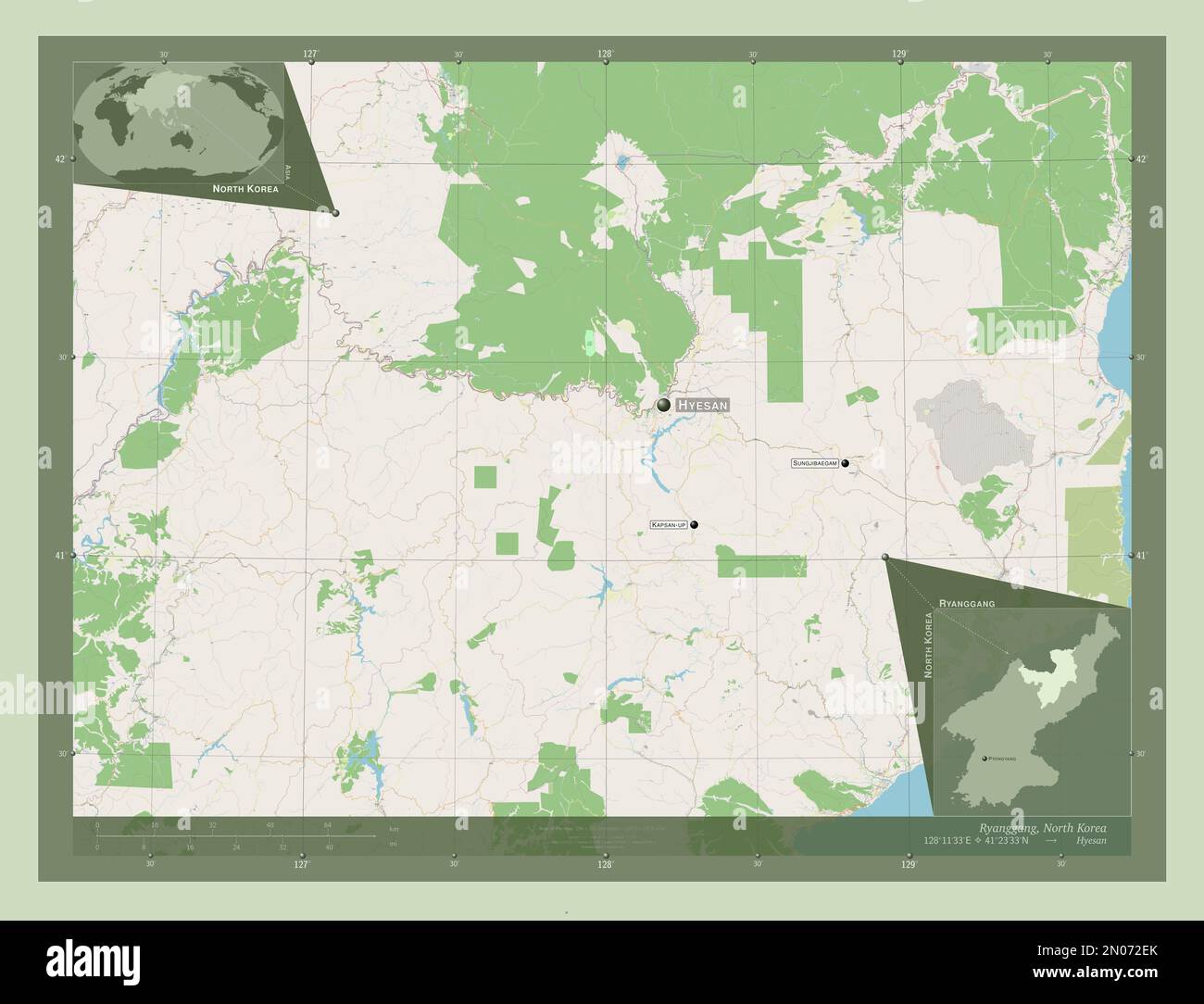 Ryanggang, province of North Korea. Open Street Map. Locations and ...