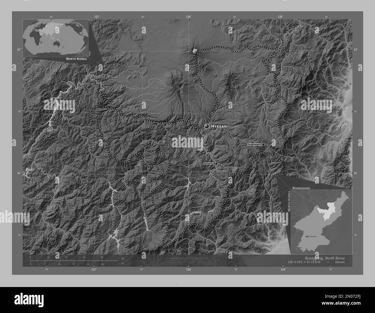Ryanggang, province of North Korea. Grayscale elevation map with lakes ...