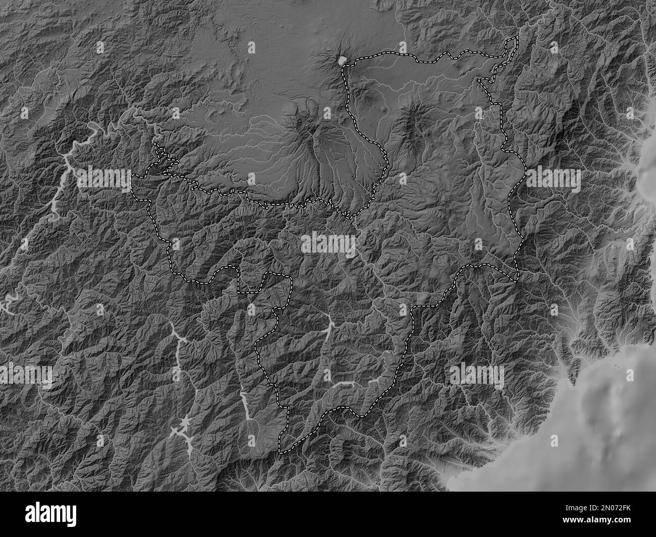 Ryanggang, province of North Korea. Grayscale elevation map with lakes ...
