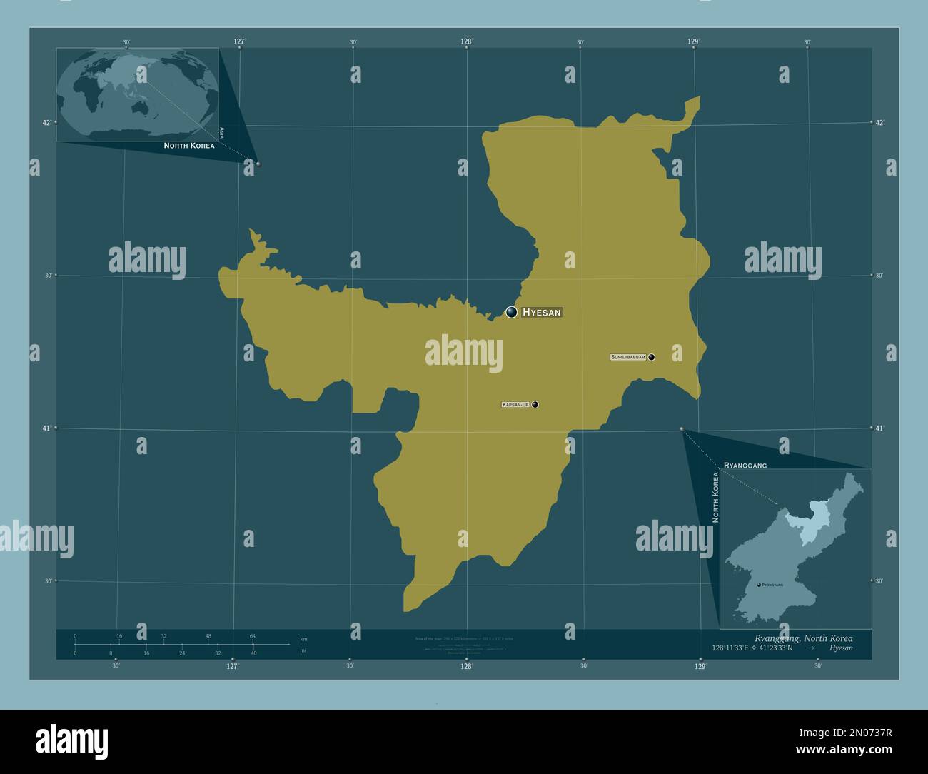 Ryanggang, province of North Korea. Solid color shape. Locations and ...