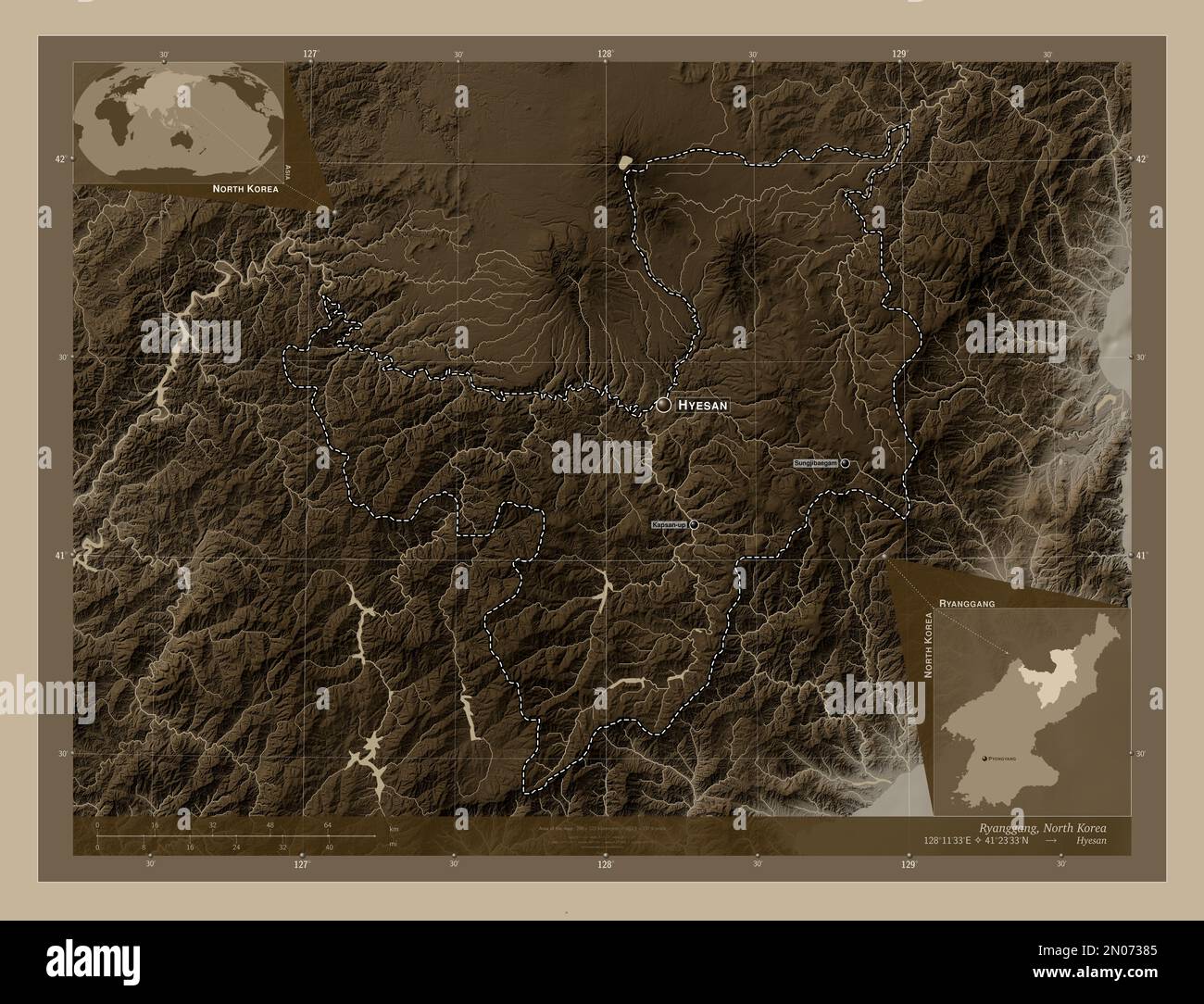 Ryanggang, province of North Korea. Elevation map colored in sepia ...
