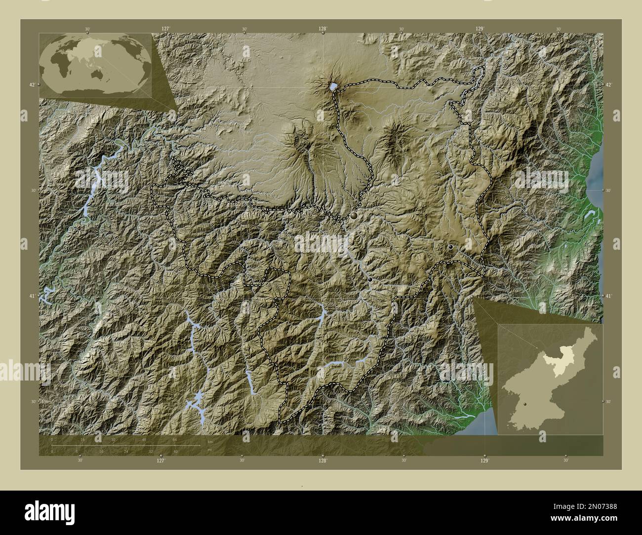 Ryanggang, province of North Korea. Elevation map colored in wiki style ...