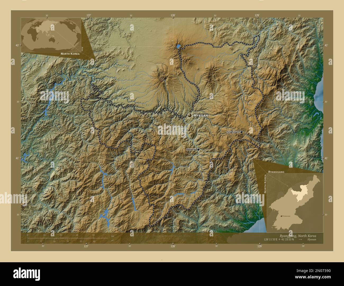 Ryanggang, province of North Korea. Colored elevation map with lakes ...