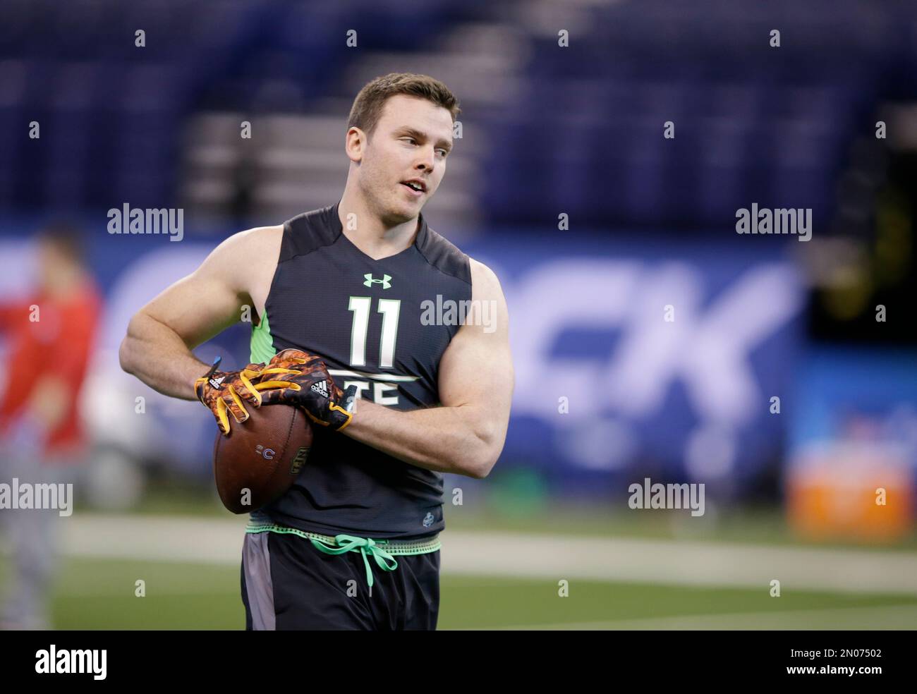 Virginia Tech tight end Ryan Malleck runs a drill at the NFL football ...