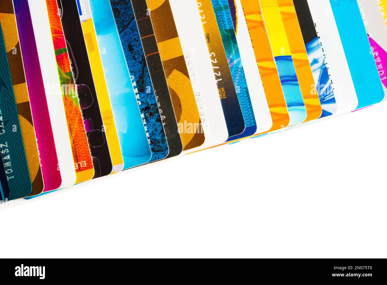 Colorful various credit cards on a white background Stock Photo - Alamy