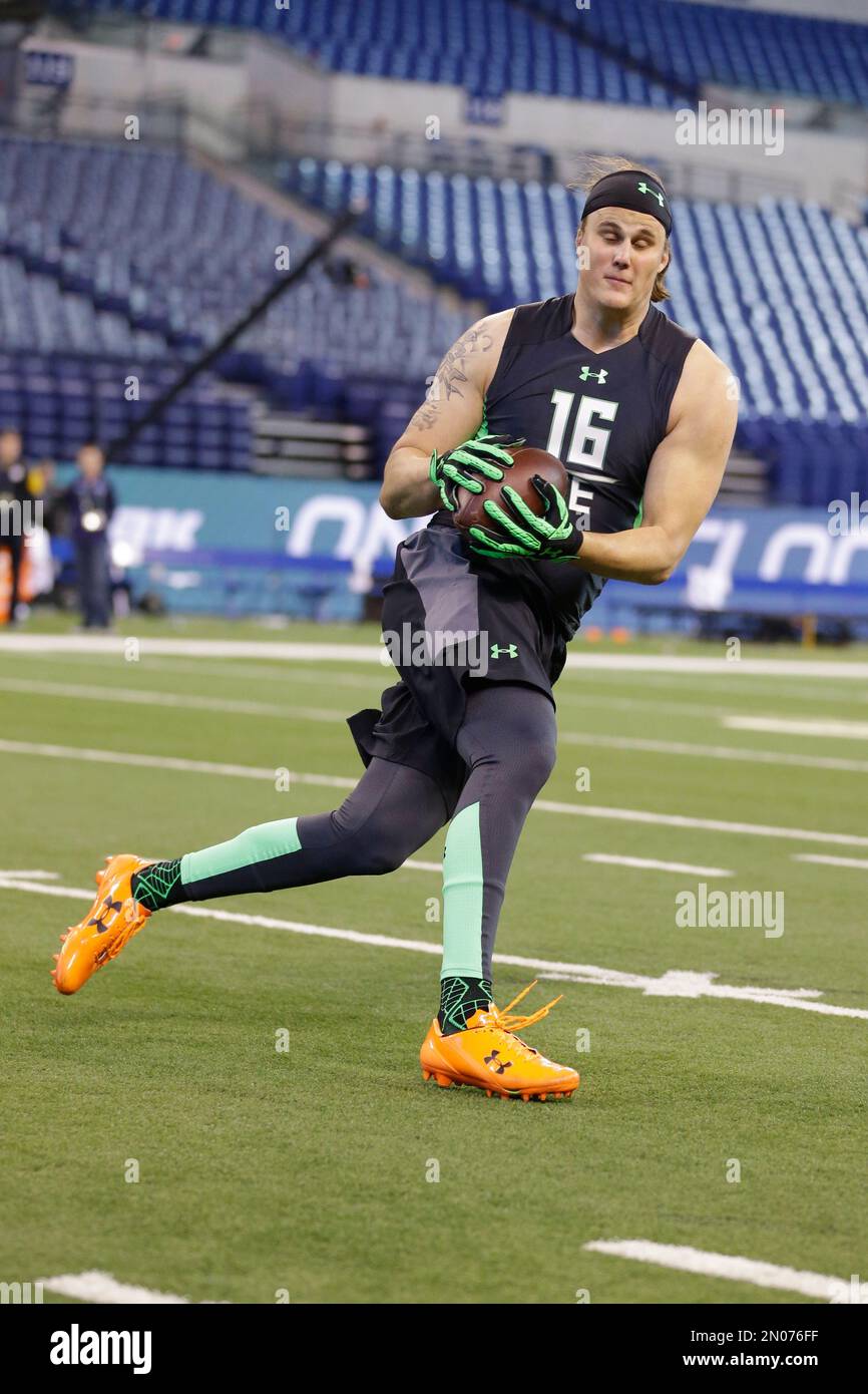 East Carolina tight end Bryce Williams runs a drill at the NFL football ...
