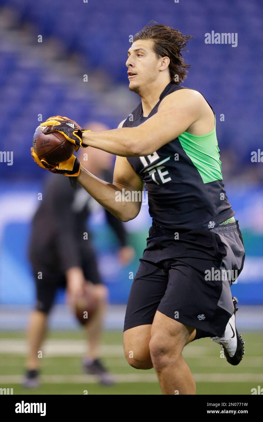 Stanford tight end Austin Hooper runs a drill at the NFL football ... Stanford tight end Austin Hooper runs a drill at the NFL football ...