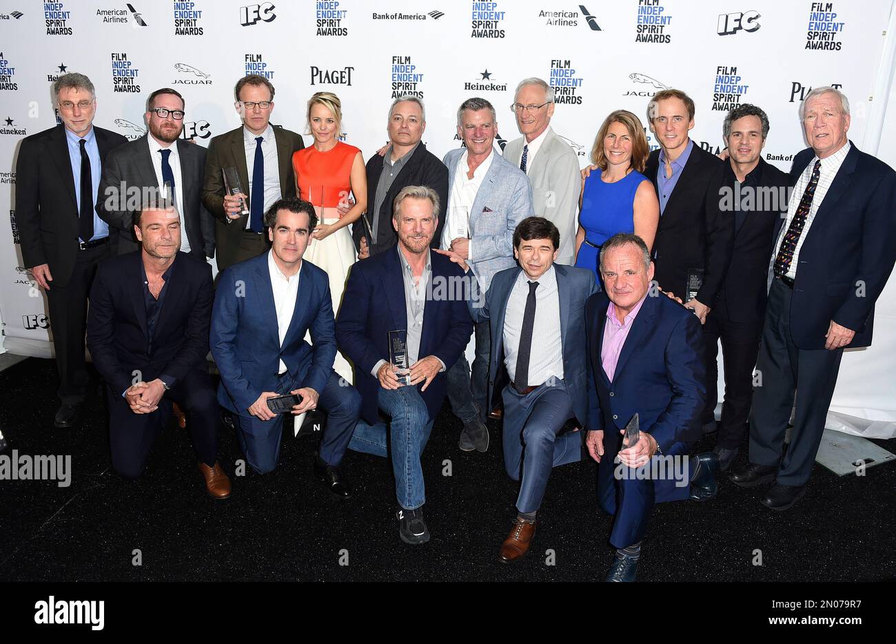 The cast and crew of “Spotlight” pose in the press room with the Robert ...