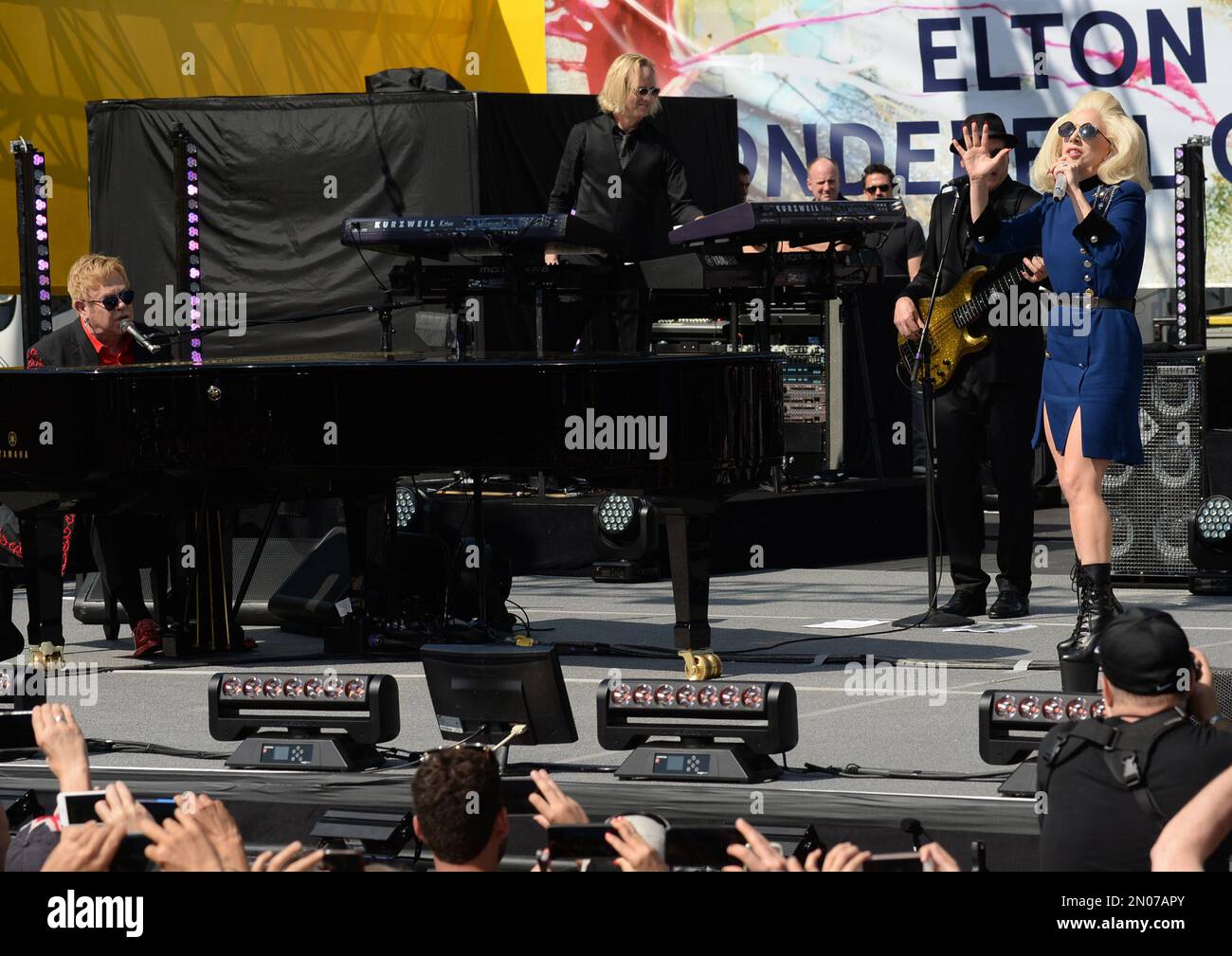 Elton John, left, and Lady Gaga perform live on the Sunset Strip, co ...