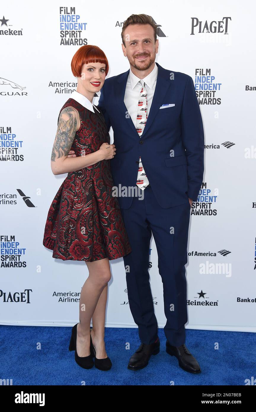 Jason Segel, right, and Alexis Mixter arrive at the Film Independent ...