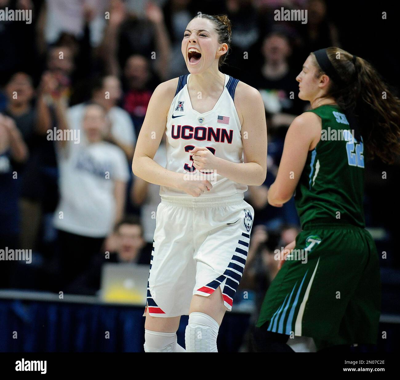 Connecticut’s Katie Lou Samuelson reacts after hitting a three-point ...