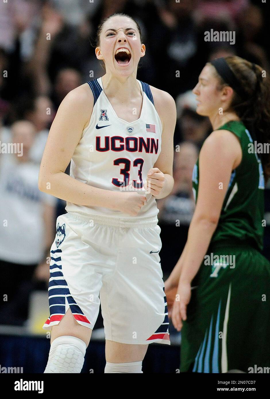 Connecticut’s Katie Lou Samuelson reacts after hitting a 3-point basket ...