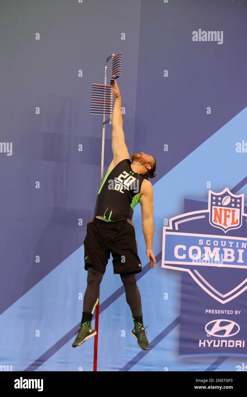 North Dakota State offensive lineman Joe Haeg during a drill at the NFL ...
