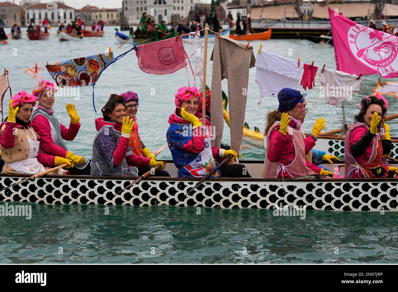 Boats sail during the water parade, part of the Venice Carnival, in ...