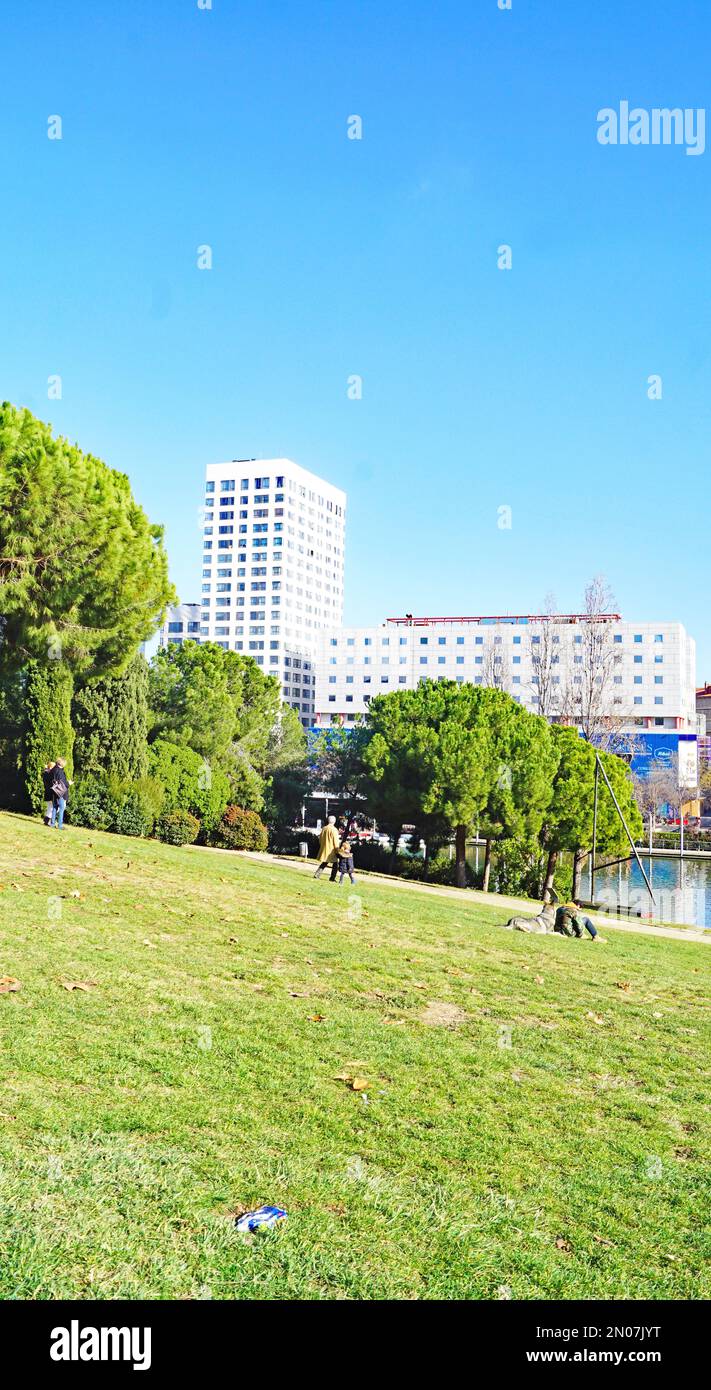 Catalunya park and urban landscape gardens and modern architecture in ...