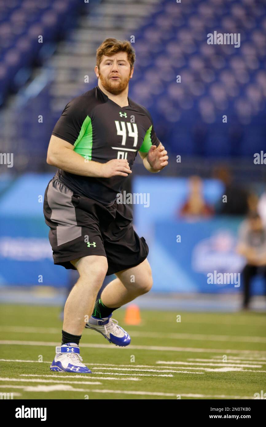 North Carolina State offensive lineman Joe Thuney runs a drill at the ...