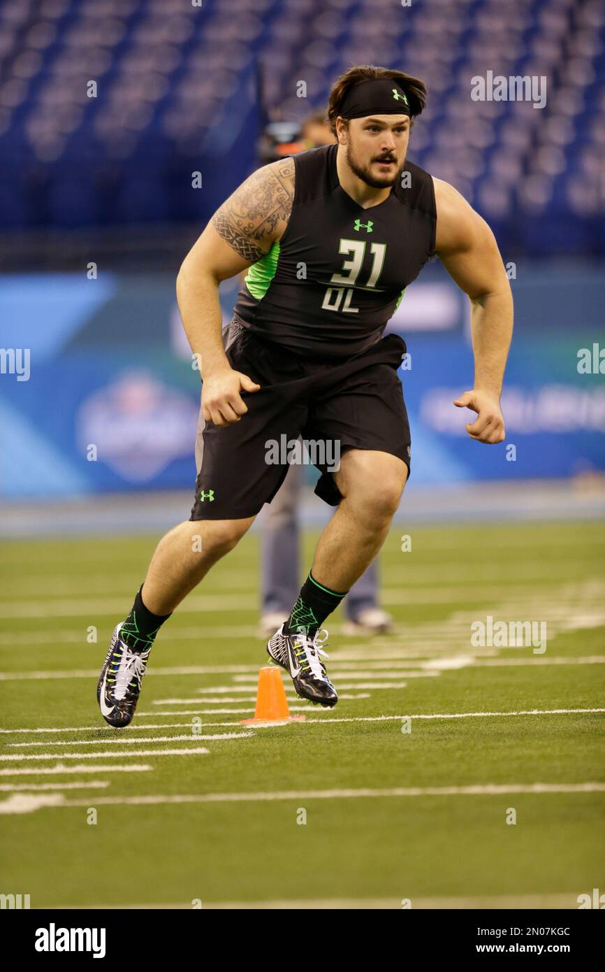 Missouri offensive lineman Connor McGovern runs a drill at the NFL ...