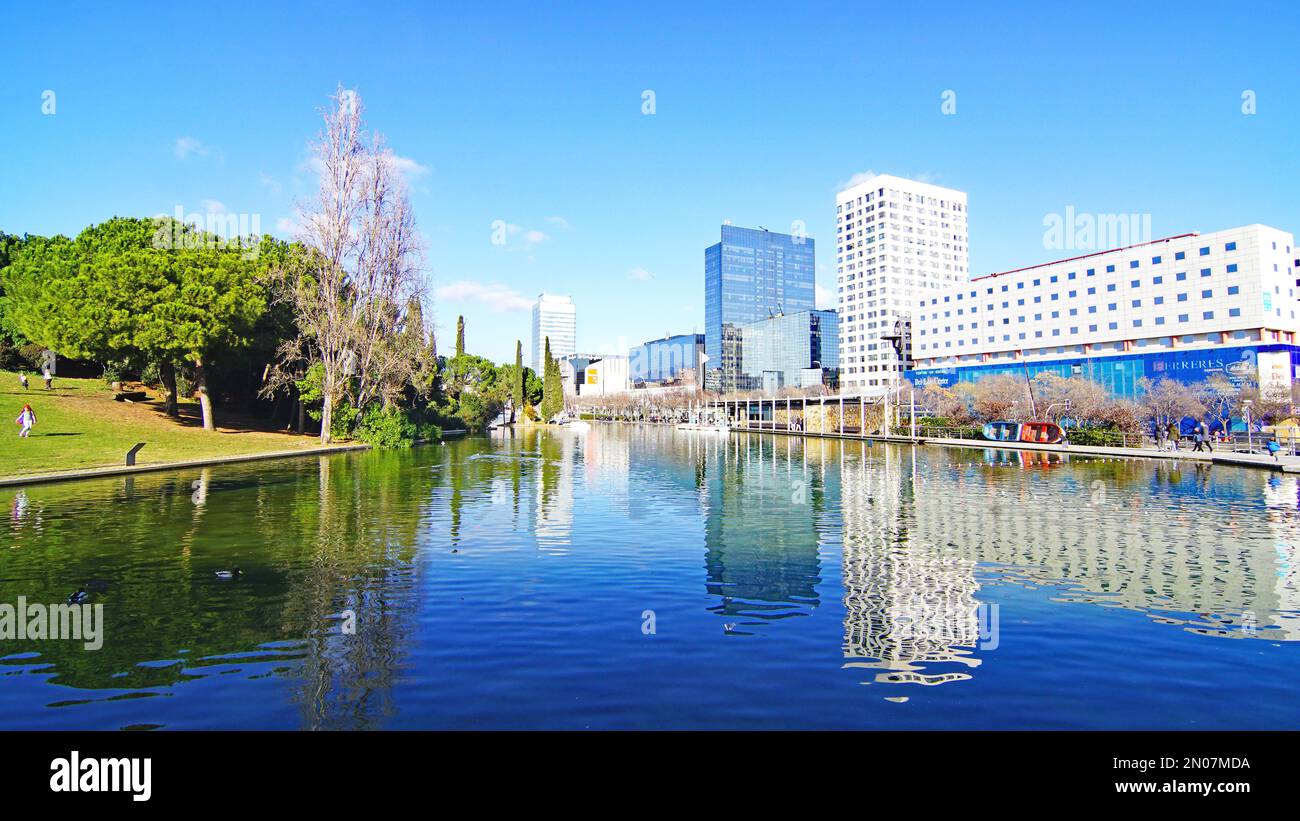 Catalunya park and urban landscape gardens and modern architecture in ...