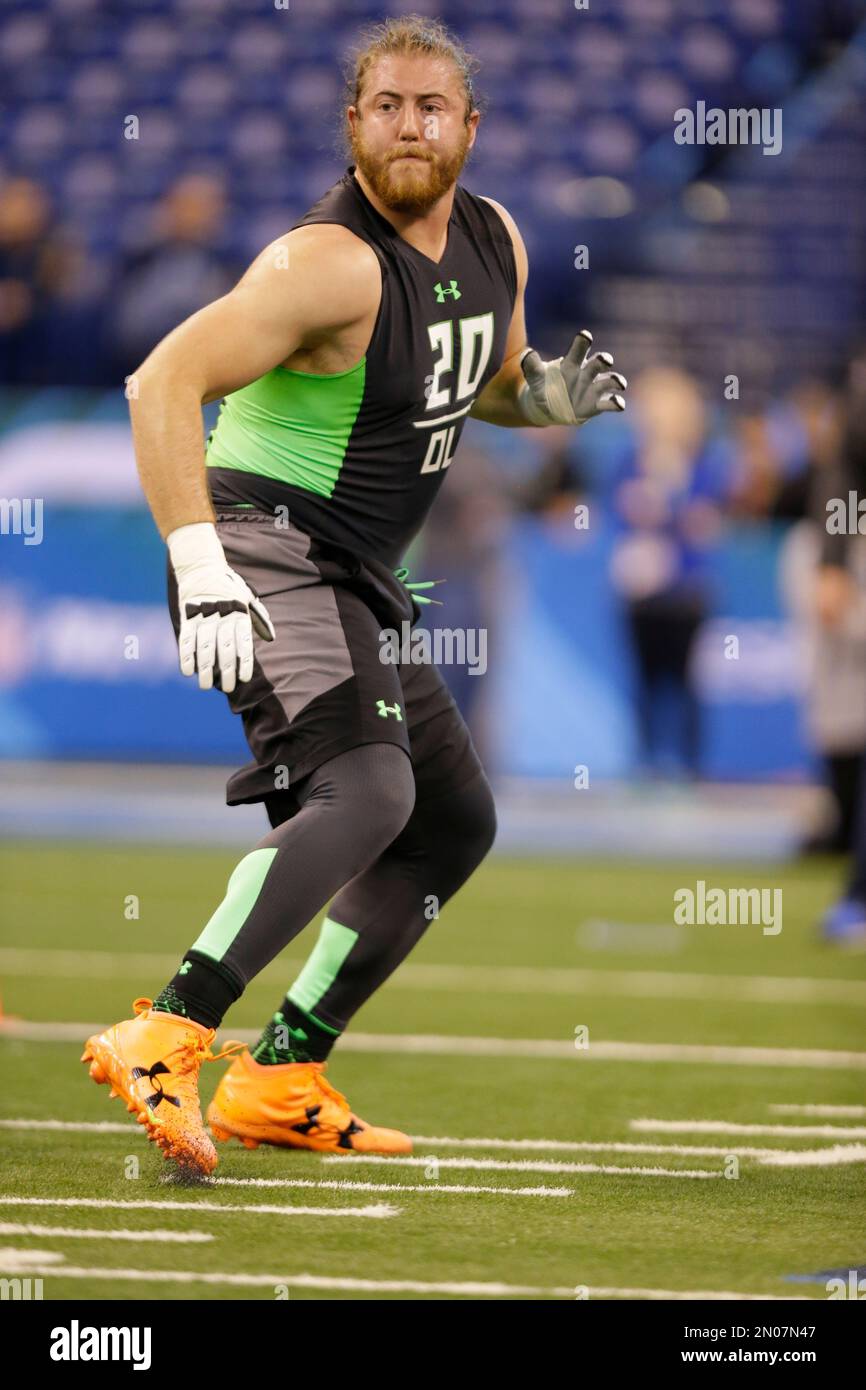 North Dakota State offensive lineman Joe Haeg runs a drill at the NFL ...