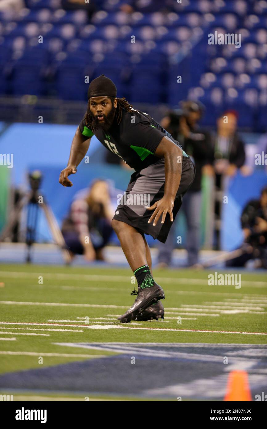 Mississippi offensive lineman Fahn Cooper runs a drill at the NFL ...