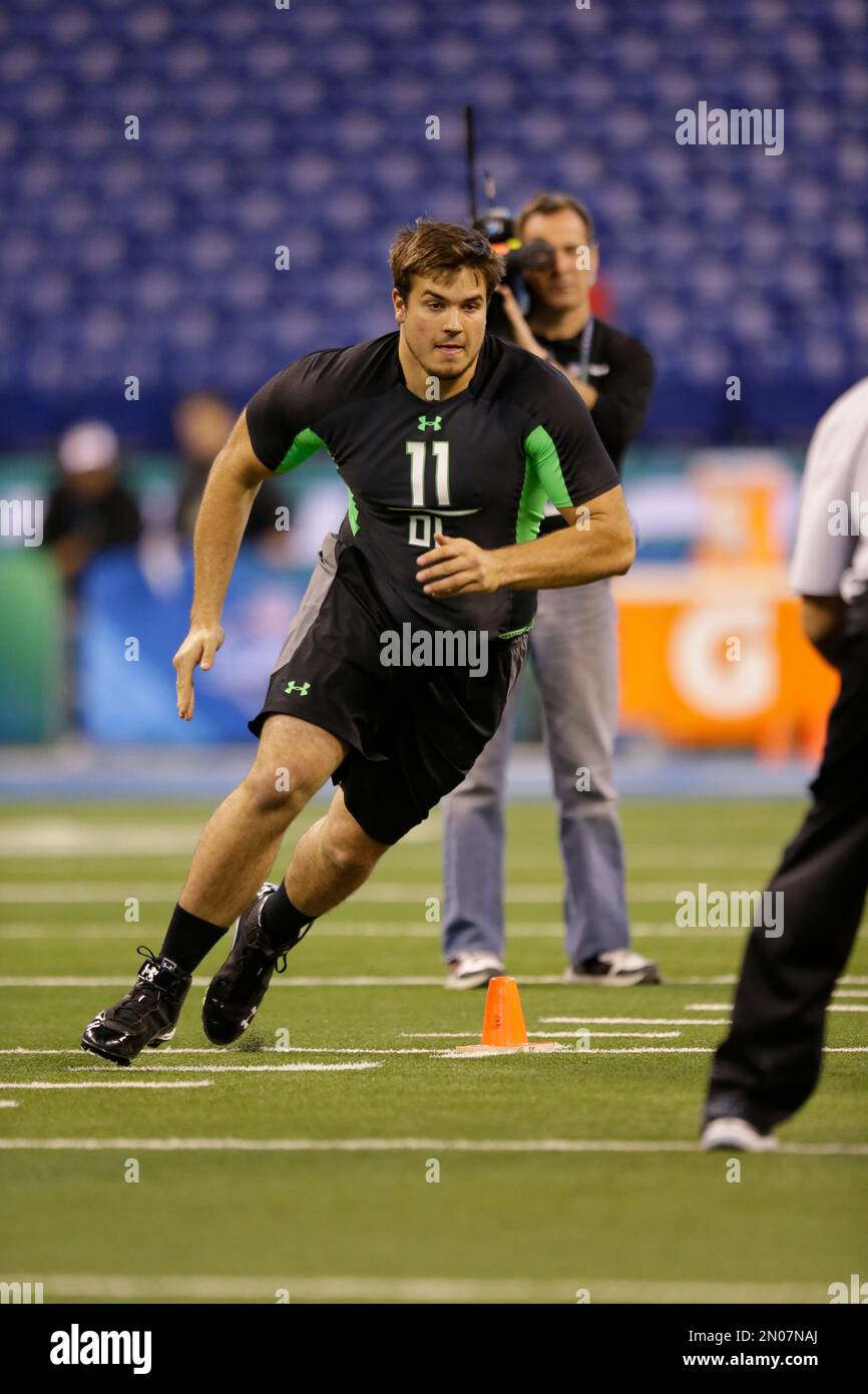 Michigan State offensive lineman Jack Conklin runs a drill at the NFL ...