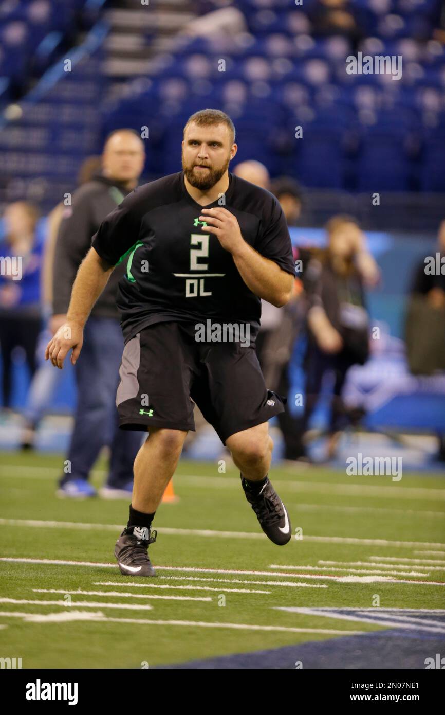 Michigan State offensive lineman Jack Allen runs a drill at the NFL ...