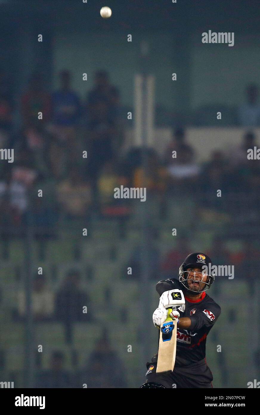 United Arab Emirates’ Rohan Mustafa lofts a ball during an Asia Cup ...