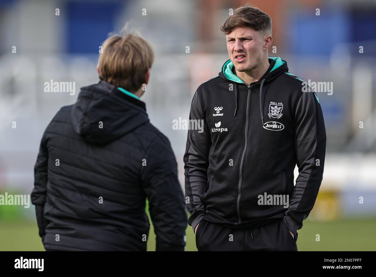 Wakefield, UK. 05th Feb, 2023. Liam Sutcliffe #4 of Hull FC speaks to ...