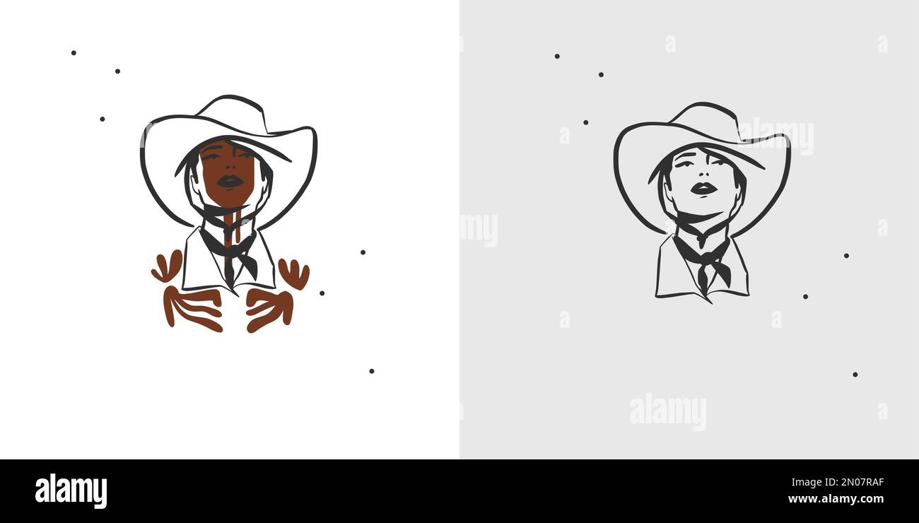 Hand drawn abstract vector graphic clipart illustration boho cowgirl in ...