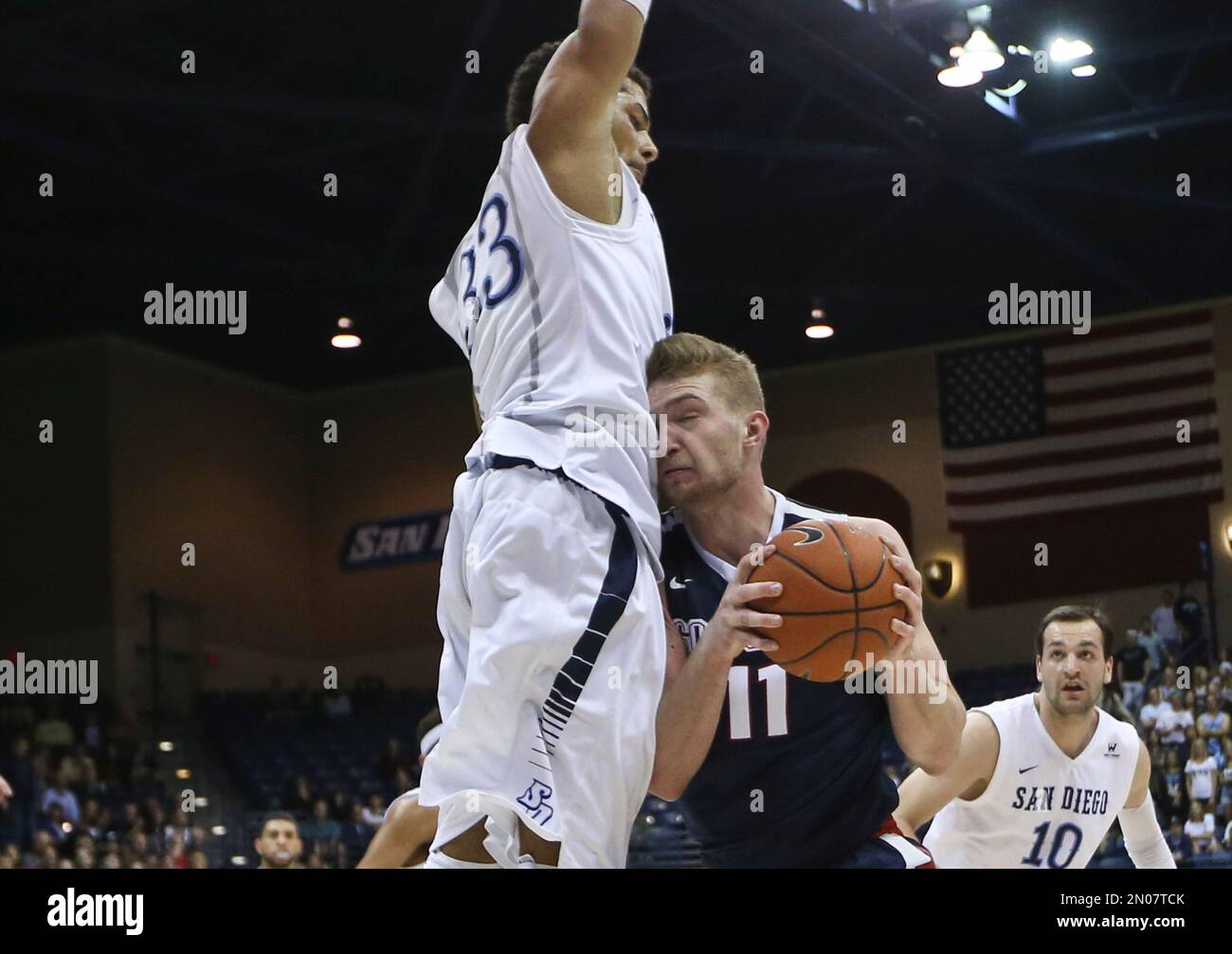 Gonzaga forward Domantas Sabonis is well defended by San Diego center Jito Kok during the first ...