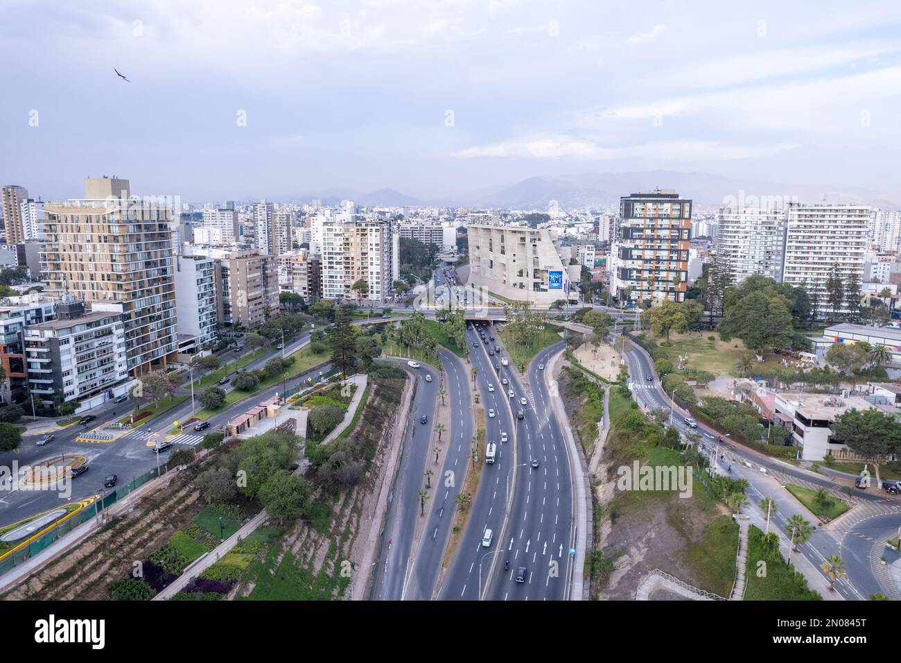 Aerial view of La Costa Verde and the Miraflores boardwalk in Lima ...