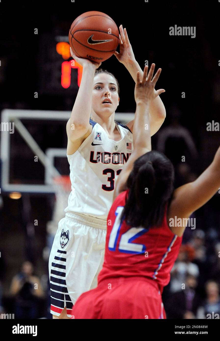 Connecticut’s Katie Lou Samuelson shoots over SMU’s Morgan Bolton ...