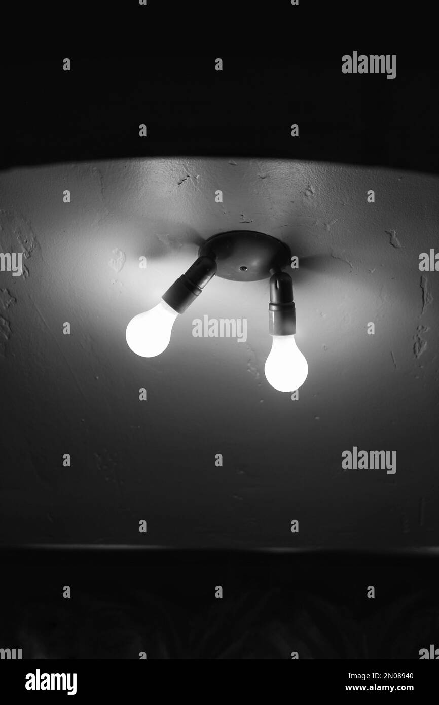 Practical ceiling light with exposed light bulbs in a black and white ...