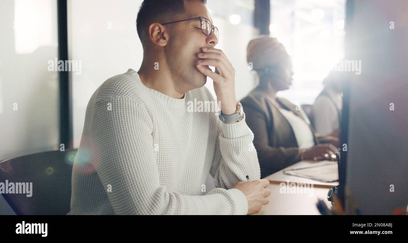 Man tired at call center, burnout and vision problem, focus fail and ...