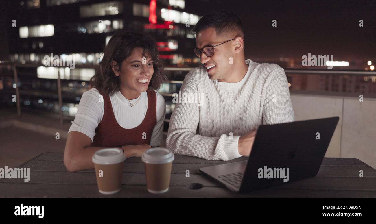 Laptop, collaboration and night with a business team working together ...