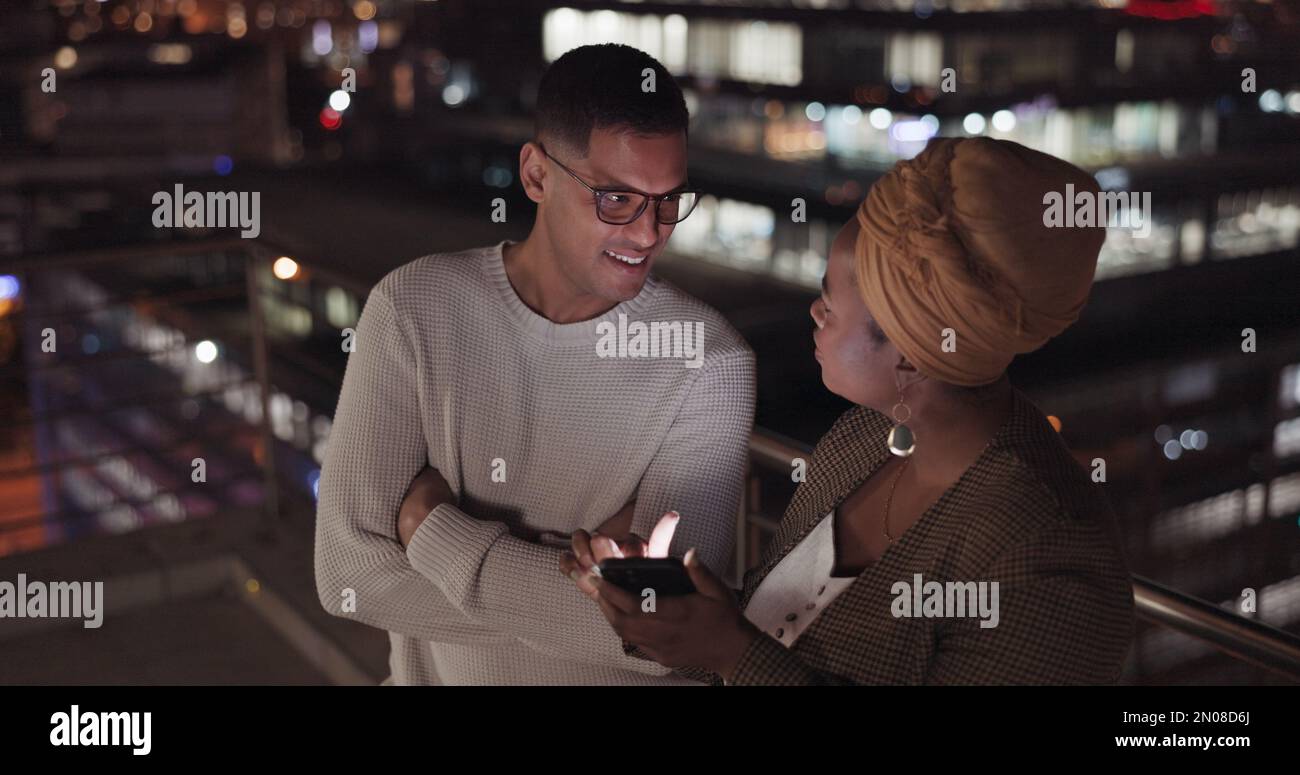 Night, man and black woman with smartphone, connection and social media ...