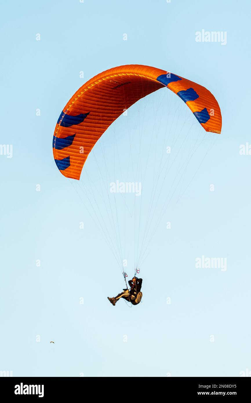 Ground view of a lone paraglider gliding with a orange and blue Maestro ...