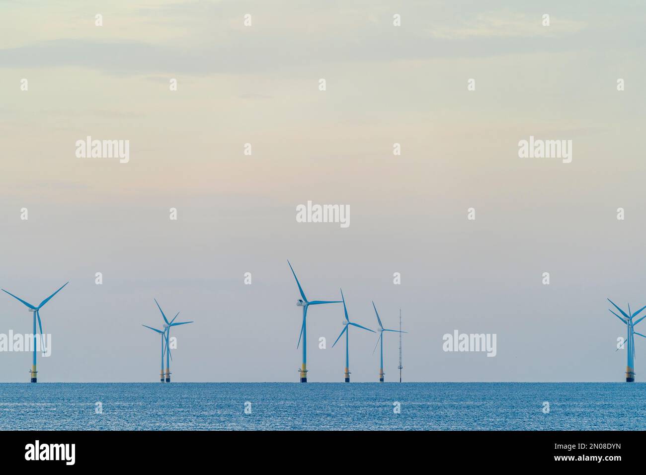 Wind turbines on the horizon in the sea, part of the Kentish Flats Wind ...