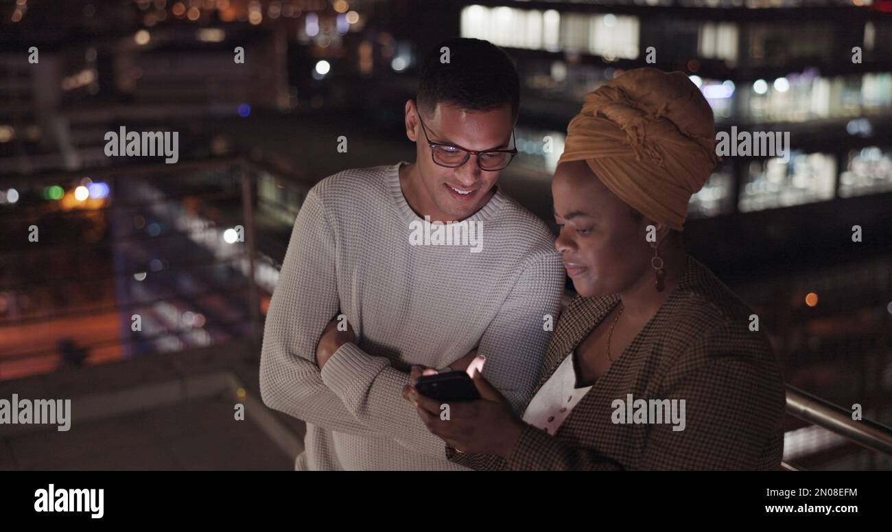 Night, man and black woman with smartphone, connection and social media ...